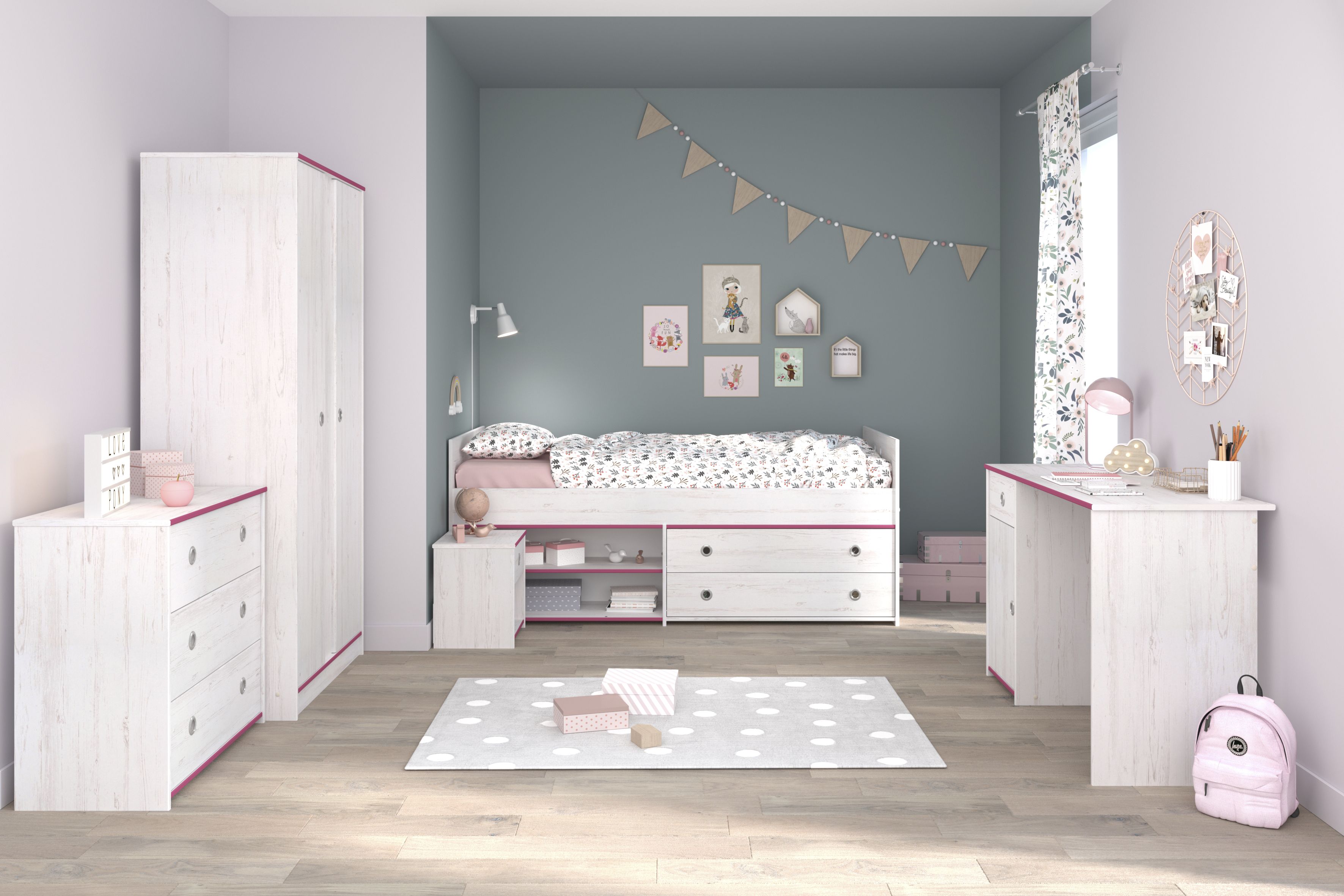 Kinderzimmer 5-teilig SMOOZY 36b - Komplettset | Kiefer weiß-Pink | Modern | 511274-1